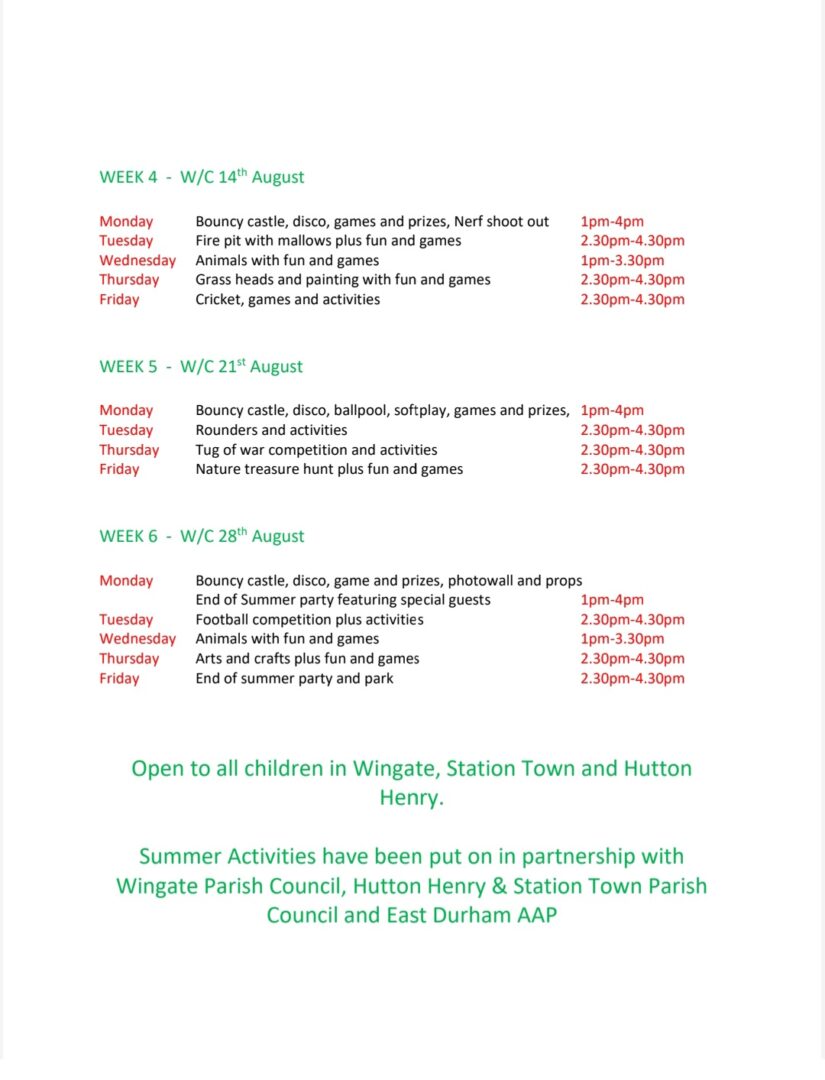 2023 Summer Activities at the Park - Wingate Parish Council